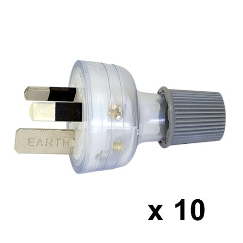 10 x 10 Amp 3 Pin Male Extension Plug Lead Clear 240v